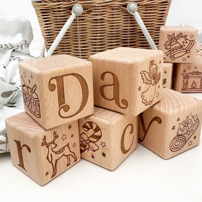 Personalised timber baby blocks - Christmas natural wooden baby blocks ...