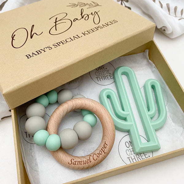 Teething Baby Keepsake Box Set - Engraved Teether – ONE.CHEW.THREE