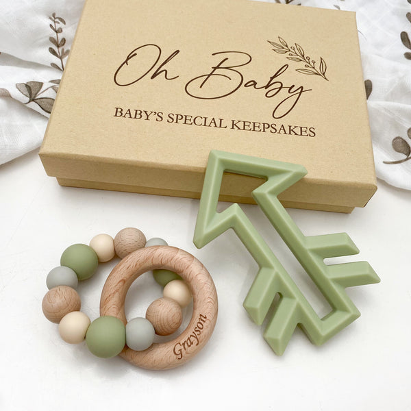 Teething Baby Keepsake Box Set - Engraved Teether – ONE.CHEW.THREE