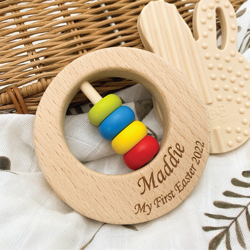 Premium Natural Beech Wood Rattle Teether - one.chew.three teething ...