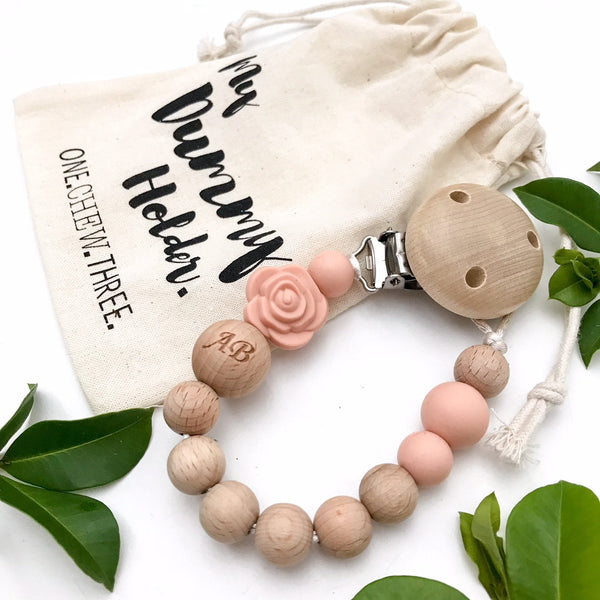 ROSE Monogram Silicone Dummy Holder Clip - one.chew.three teething baby ...
