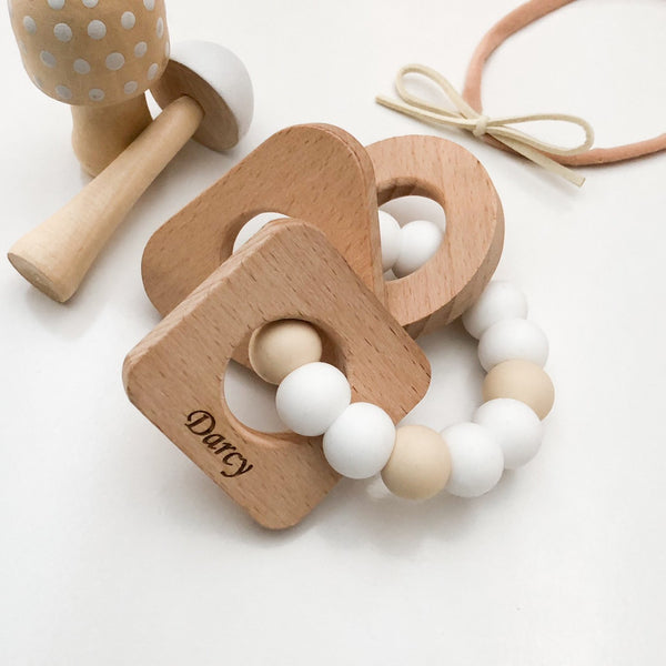 SHAPES Silicone and Beech Wood Teether Teething Toy - one.chew.three ...
