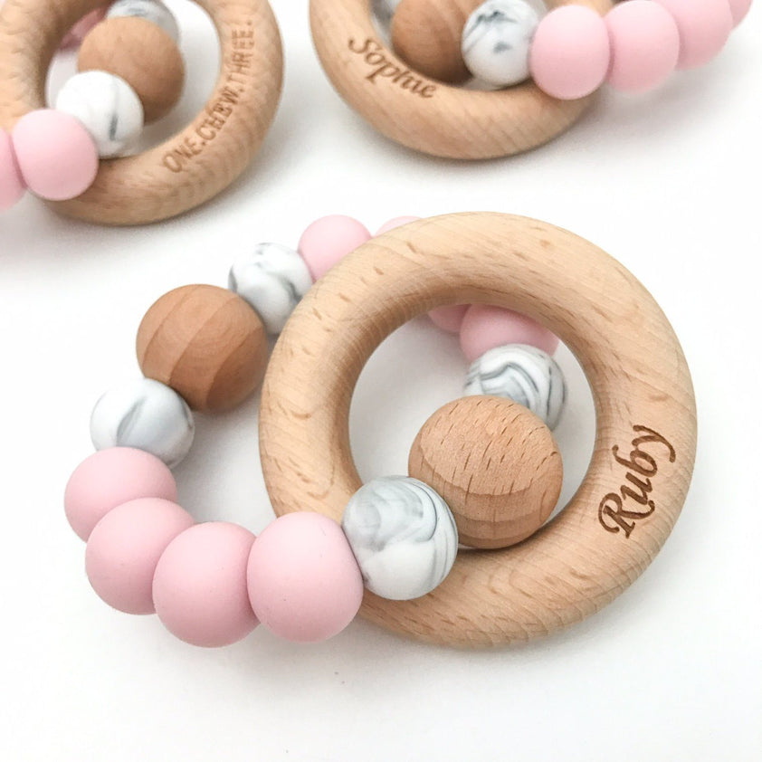 SINGLE RATTLE Silicone and Beech Wood Teether - Teething baby ...