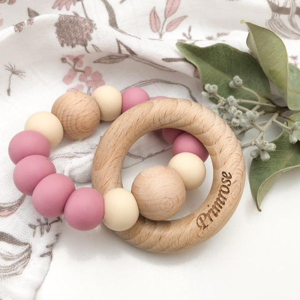 SINGLE RATTLE Silicone and Beech Wood Teether - Teething baby ...