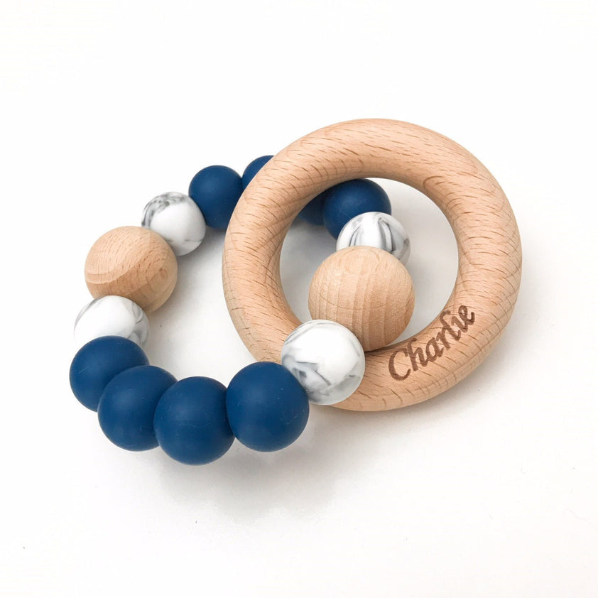 SINGLE RATTLE Silicone and Beech Wood Teether - Teething baby ...